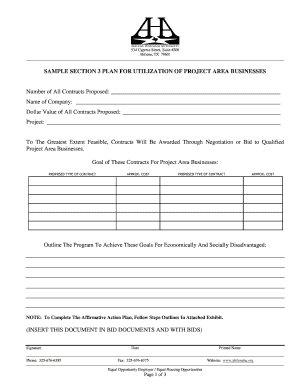 Fillable Online SAMPLE SECTION 3 PLAN FOR UTILIZATION OF PROJECT AREA ...