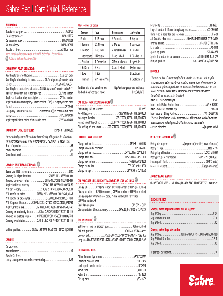 Fillable Online acriss Sabre GDS format guide - Acriss Fax Email Print ...
