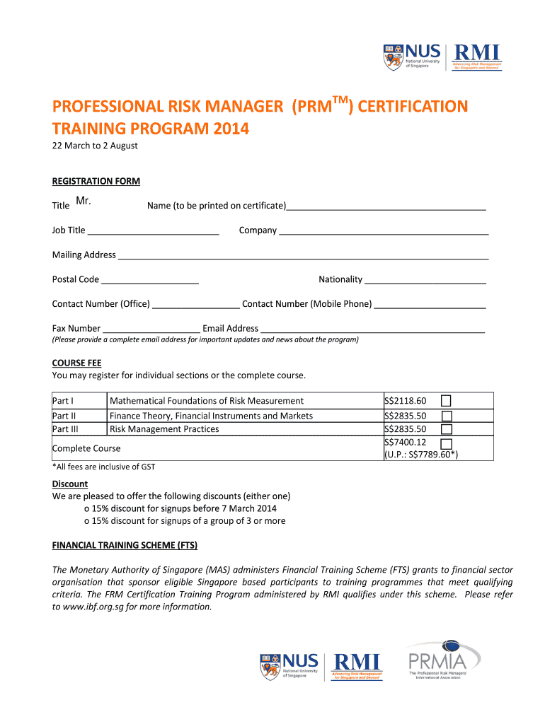 Fillable Online rmi nus edu PROFESSIONAL RISK MANAGER (PRMTM ...