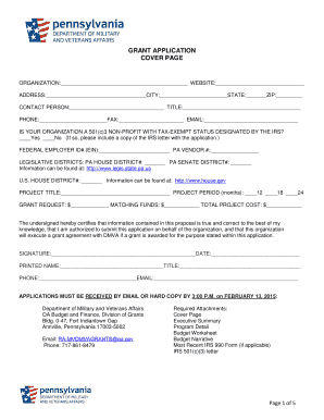 Fillable Online milvet state pa GRANT APPLICATION COVER PAGE - PA gov ...