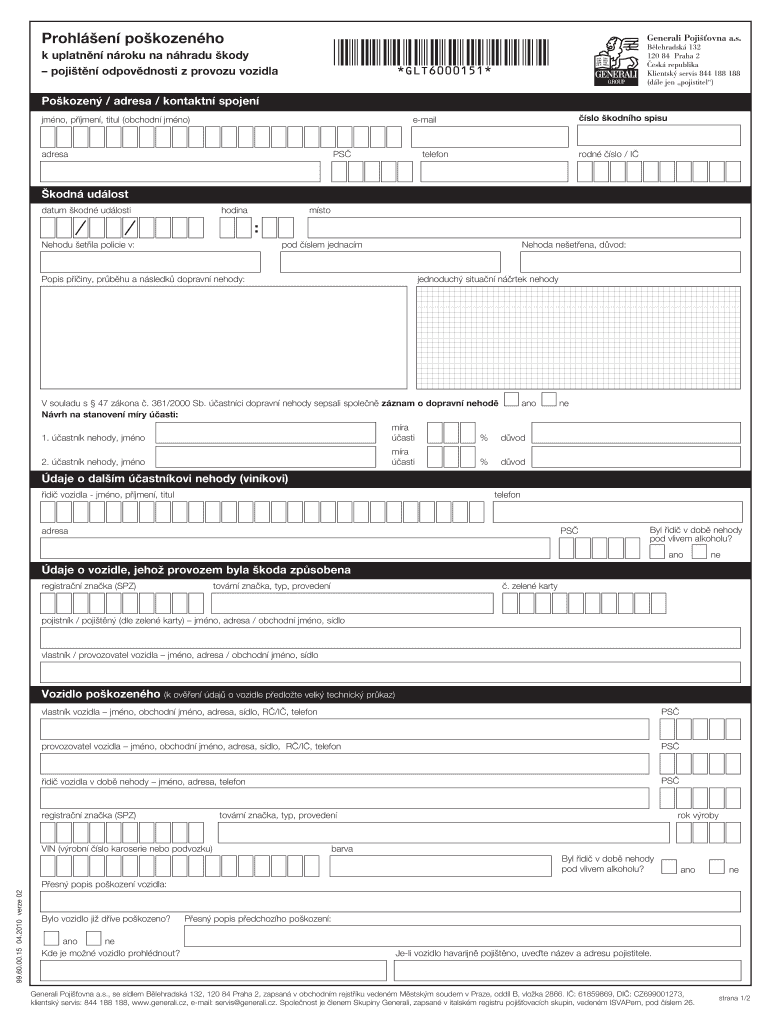 Fillable Online generali Prohlen pokozenho - Generali Pojiovna as Fax ...