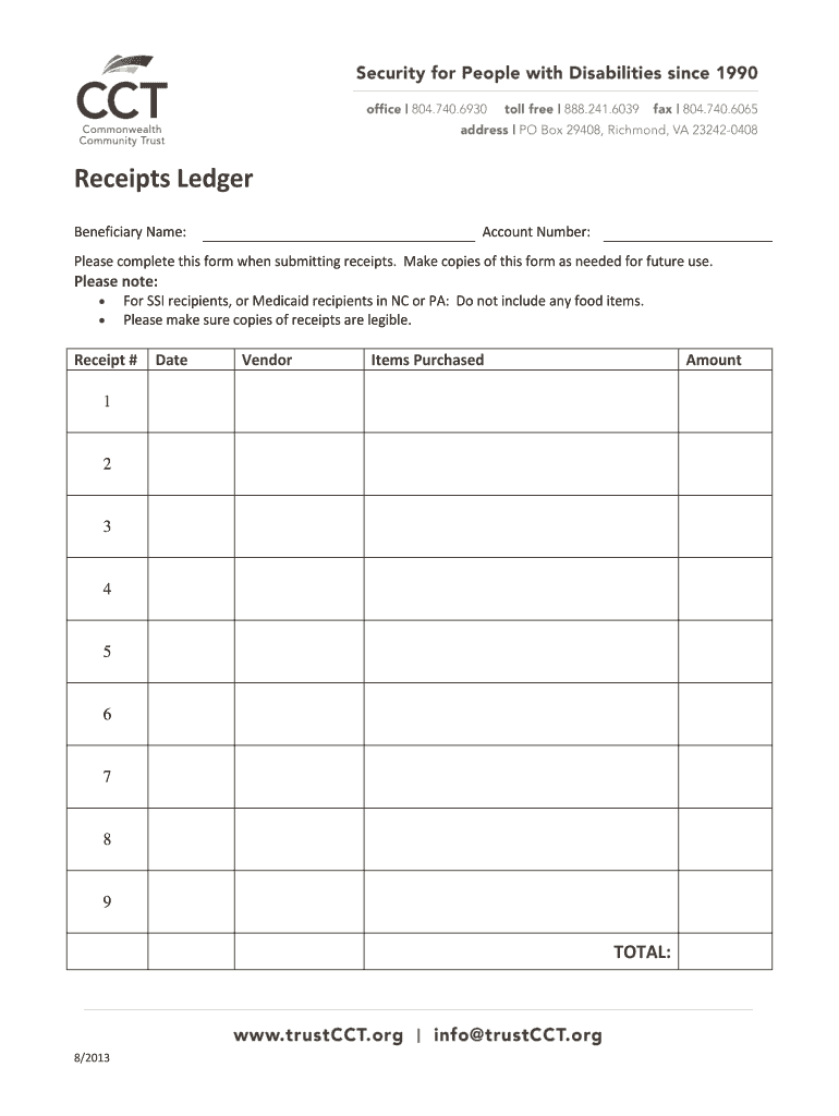 Fillable Online Receipts Ledger - Commonwealth Community Trust Fax ...