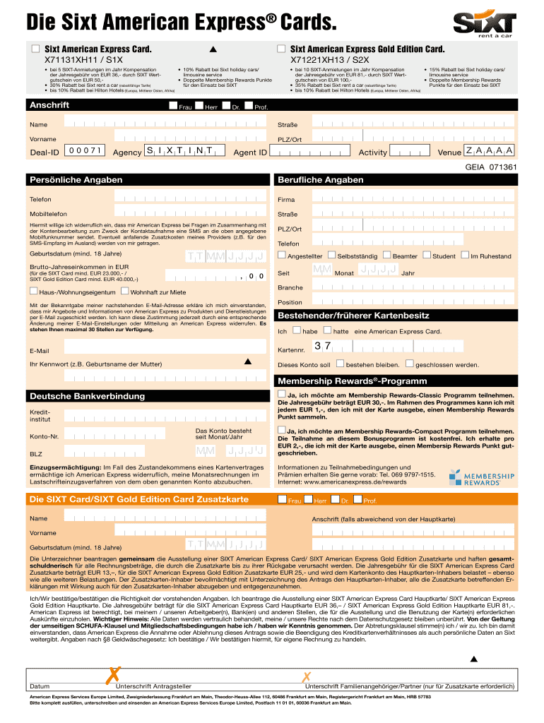 Ausfüllbar Online Die Sixt American Express Cards Fax Email Drucken - pdfFiller
