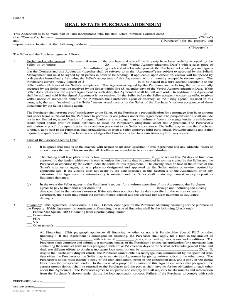 Fillable Online REAL ESTATE PURCHASE ADDENDUM - Family Housing ...