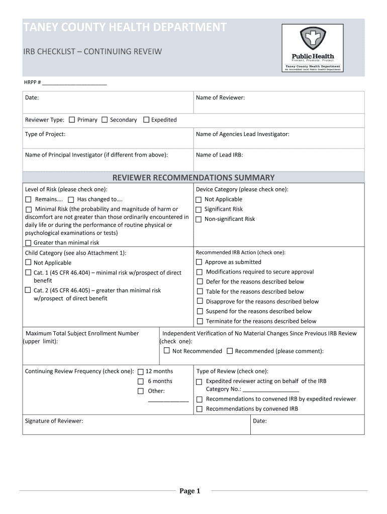 Fillable Online taneycohealth Continuing Review - Taney County Health ...
