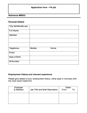 Fillable Online real org BApplicationb form PA job Reference MB003 Personal Details bb - Real ...