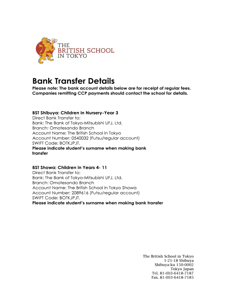 Fillable Online Bank Transfer Details Fax Email Print - pdfFiller