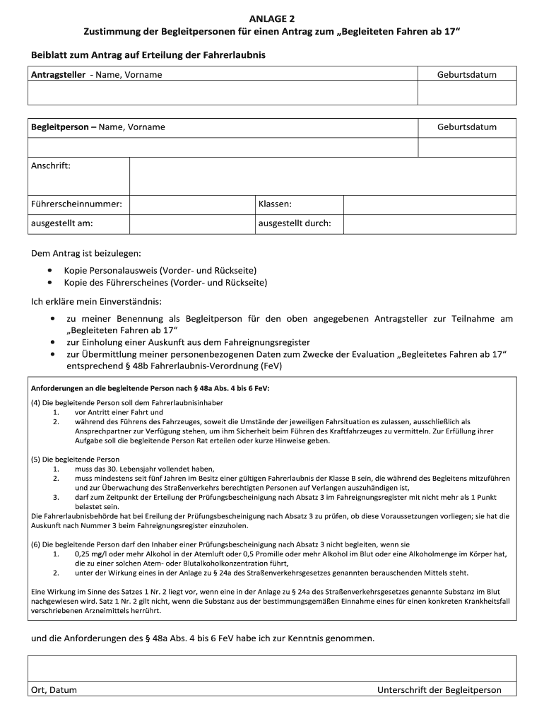 Ausfüllbar Online Begleitendes Fahren ab 17 - Anlage 2 Fax Email ...