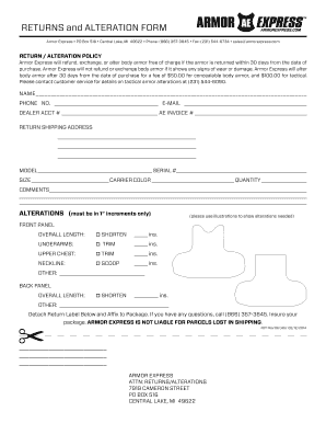 Fillable Online RETURNS and ALTERATION FORM - Armor Express Fax Email ...