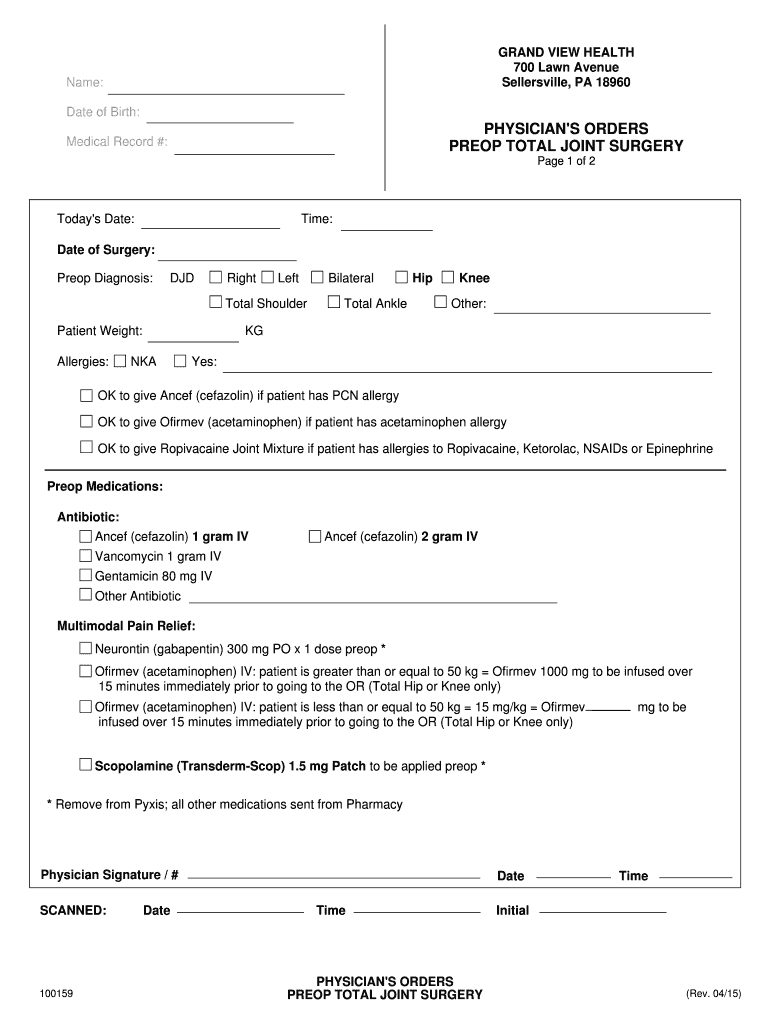 Fillable Online Physicians orders preop total joint surgery - Grand ...