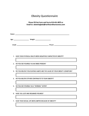 Fillable Online Obesity Questionnaire - northcarolinarecoverycom Fax ...