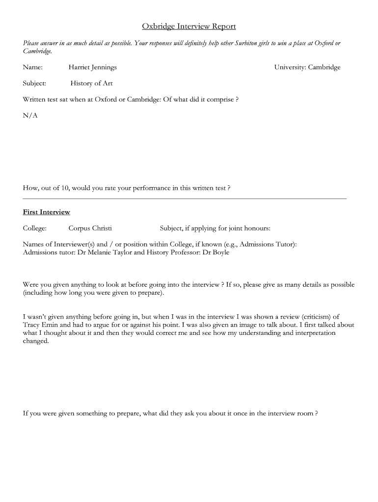 Fillable Online Oxbridge Interview Report Fax Email Print - pdfFiller