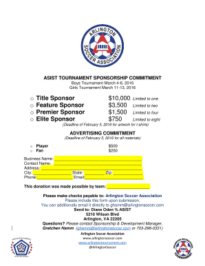 Fillable Online B2016b Sponsorship Commitment bFormb - Arlington Soccer ...