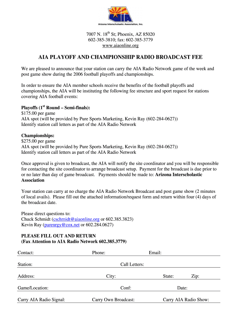 Fillable Online AIA Playoff and Championship Radio Broadcast Feesdoc ...