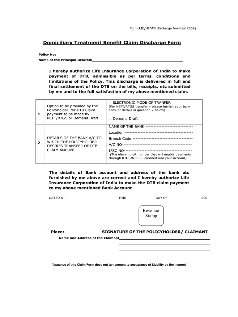 Fillable Online joinlic DTB Discharge Form - Join LIC - joinlic Fax Email Print - pdfFiller