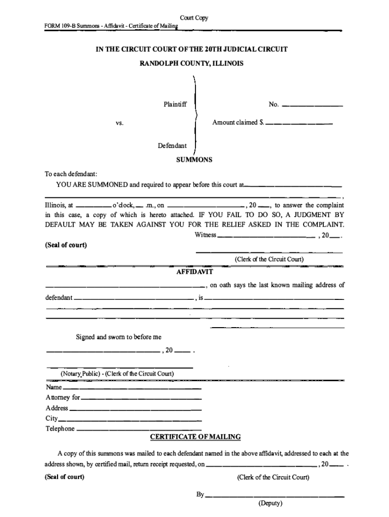 Fillable Online FORM 109-B Summons - Affidavit - Certificate of Mailin1 ...