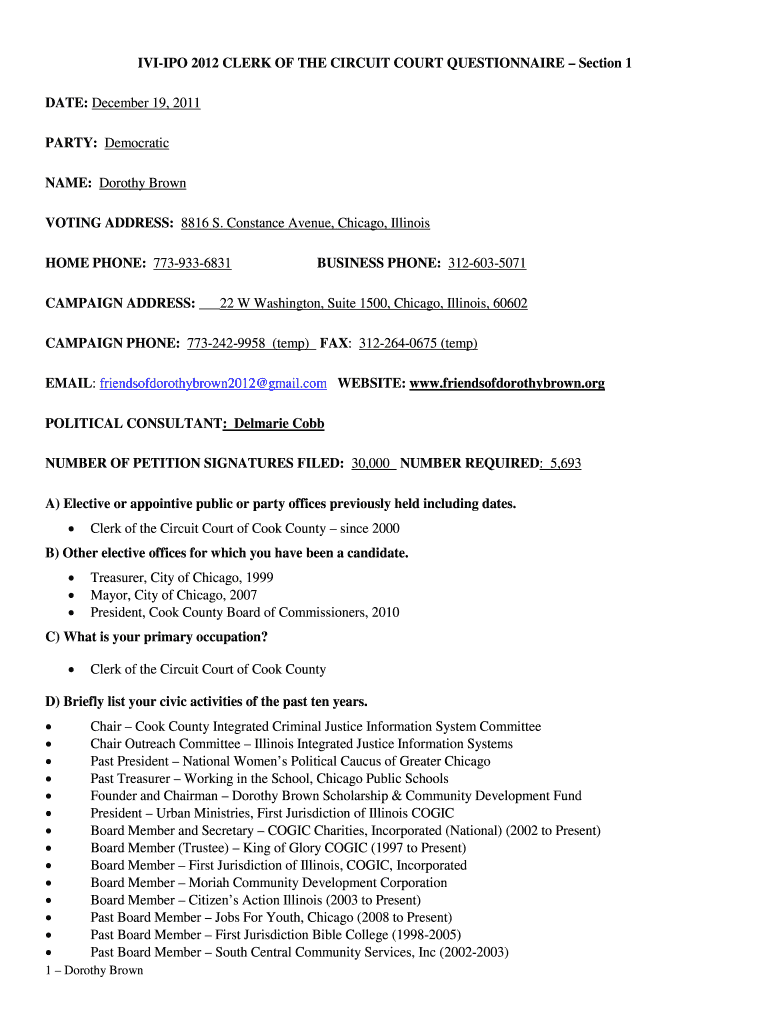 Fillable Online IVI-IPO 2012 CLERK OF THE CIRCUIT COURT QUESTIONNAIRE ...