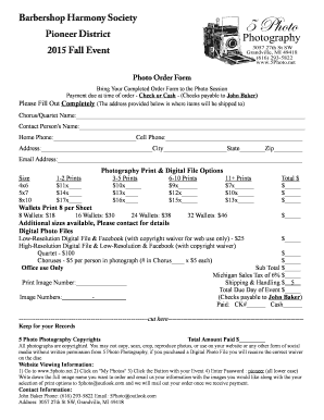 Fillable Online pioneerdistrict 5Photo Photography Order Form - Pioneer ...