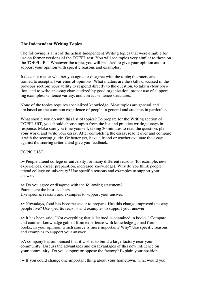 Fillable Online The Independent Writing Topics Fax Email Print - pdfFiller