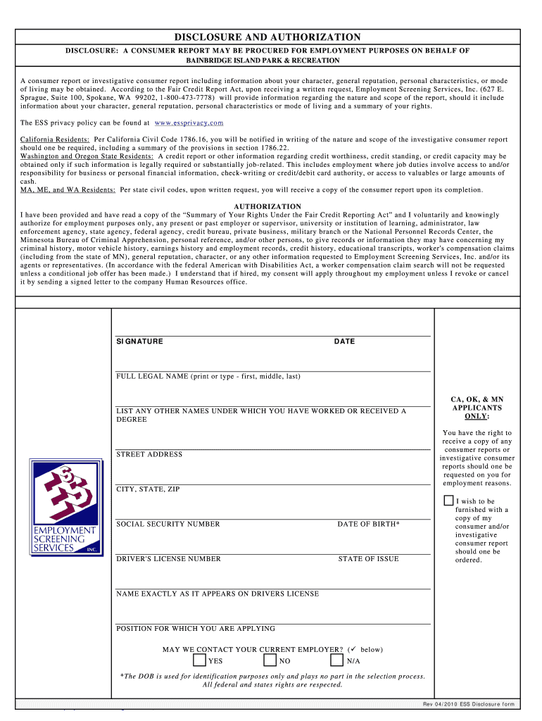 Fillable Online Background Check Authorization Form - Bainbridge Island Metro bb Fax Email Print ...
