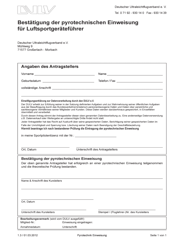 Ausfüllbar Online dulv Besttigung der pyrotechnischen Einweisung Fax ...