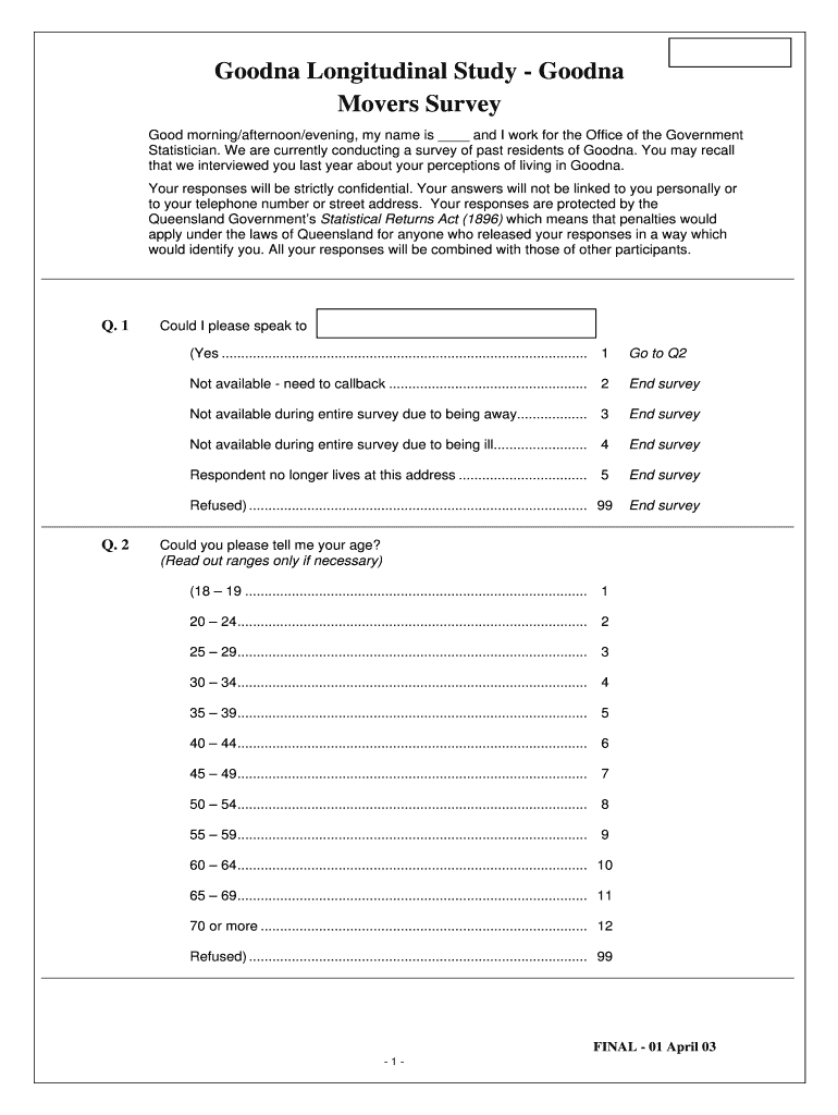Fillable Online Goodna Longitudinal Study b2003b Questionnaire movers Fax Email Print - pdfFiller