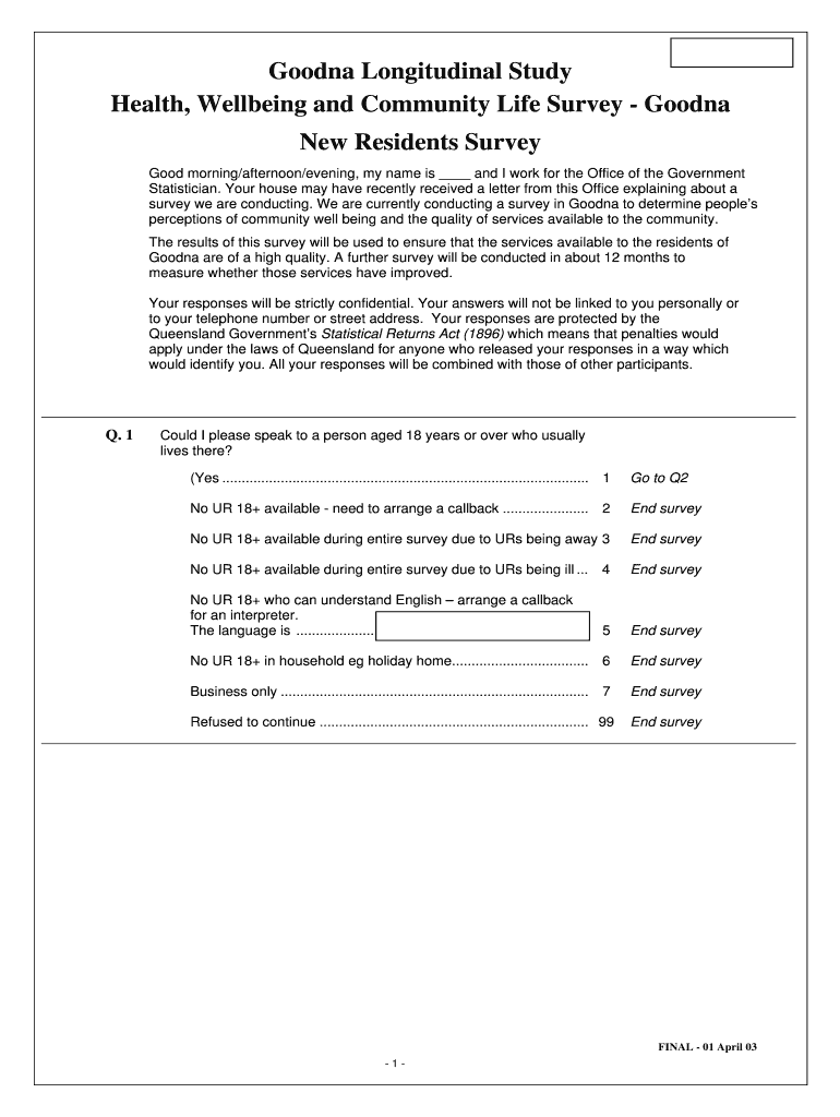 Fillable Online Goodna Longitudinal Study b2003b Questionnaire new residents Fax Email Print ...