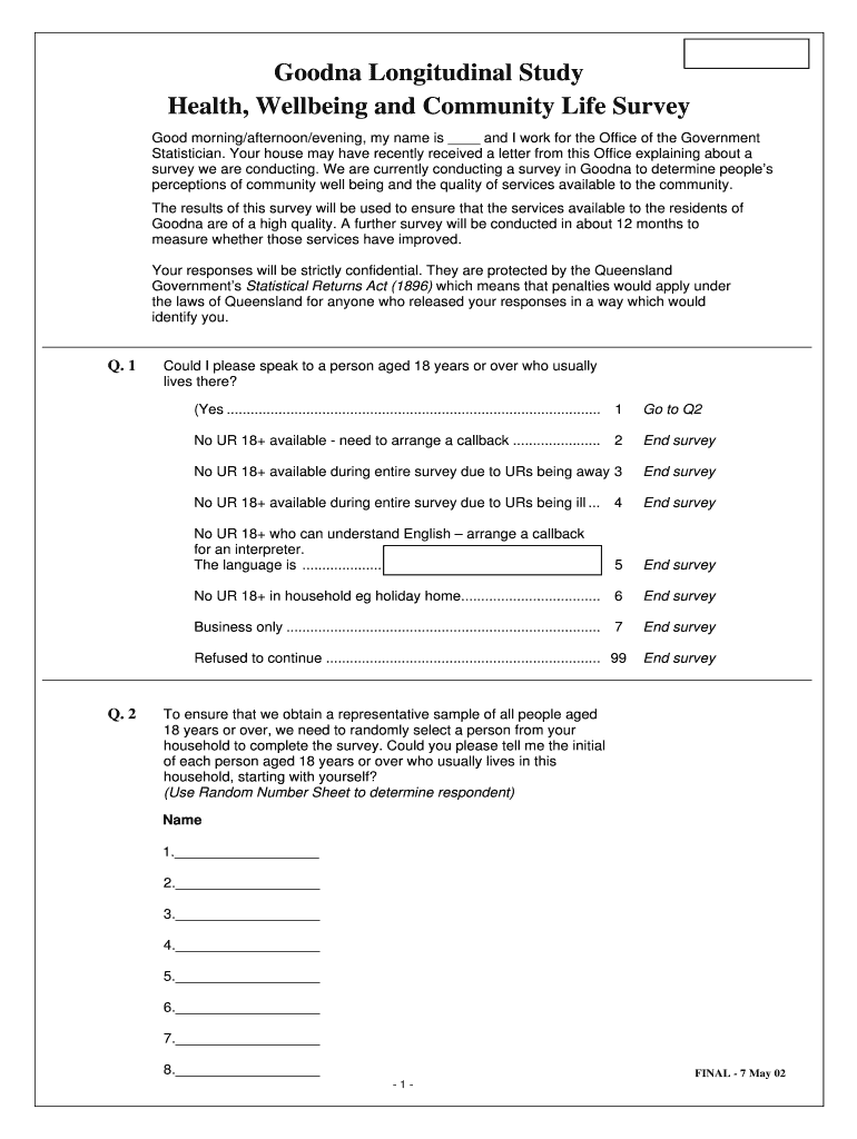 Fillable Online Goodna Longitudinal Study b2002b Questionnaire Fax Email Print - pdfFiller