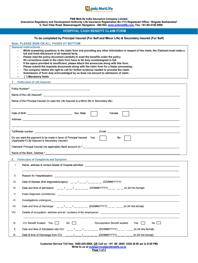 Hospital Cash Benefit Claim Form - Blank Fillable Template | Fill Out ...